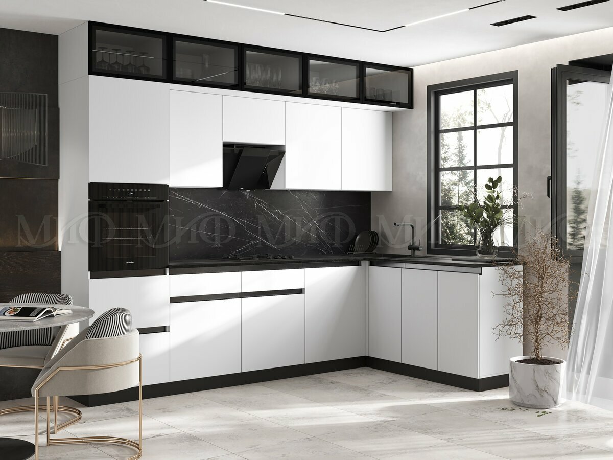 Кухня угловая Техно-6 3,0х1,8м высота 2,58м МДФ (Графит, Браш Вайт (Кастилло темный))