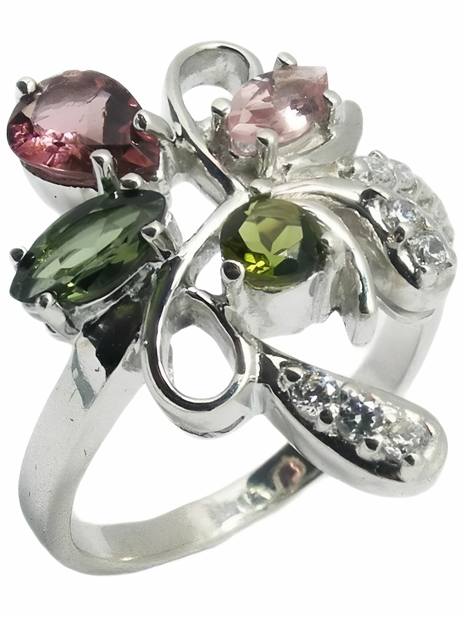 Кольцо тонкое, серебро, 925 проба, родирование, фианит, турмалин