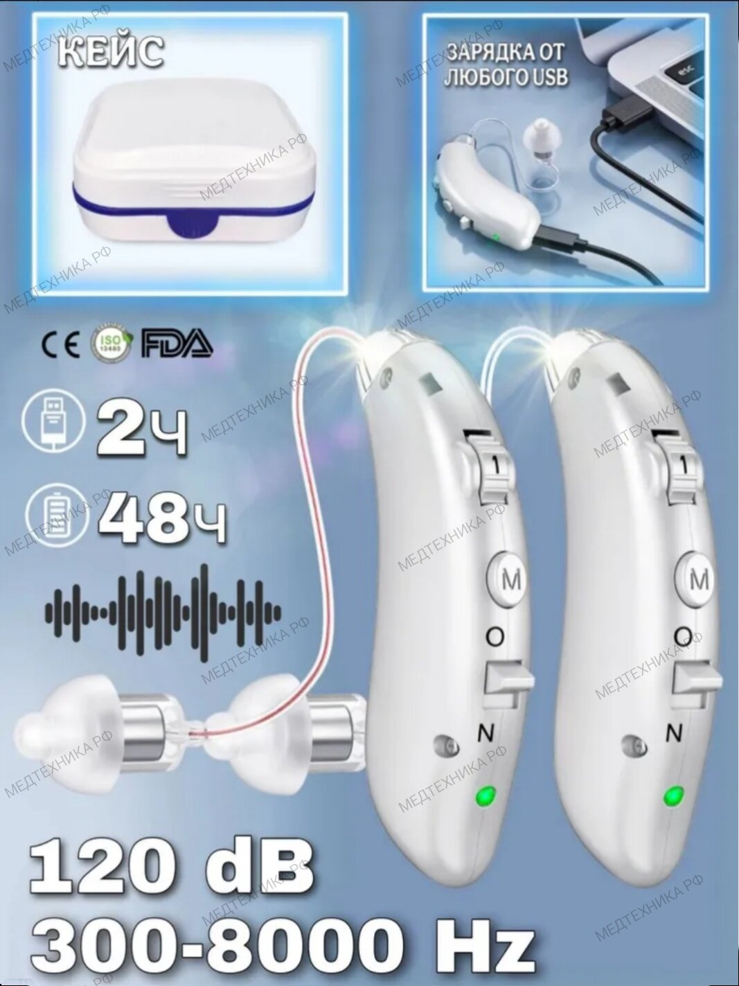 Слуховой аппарат комплект из 2-х штук цифровой заушный с зарядкой аккумуляторный качественный премиум класса производитель Германия