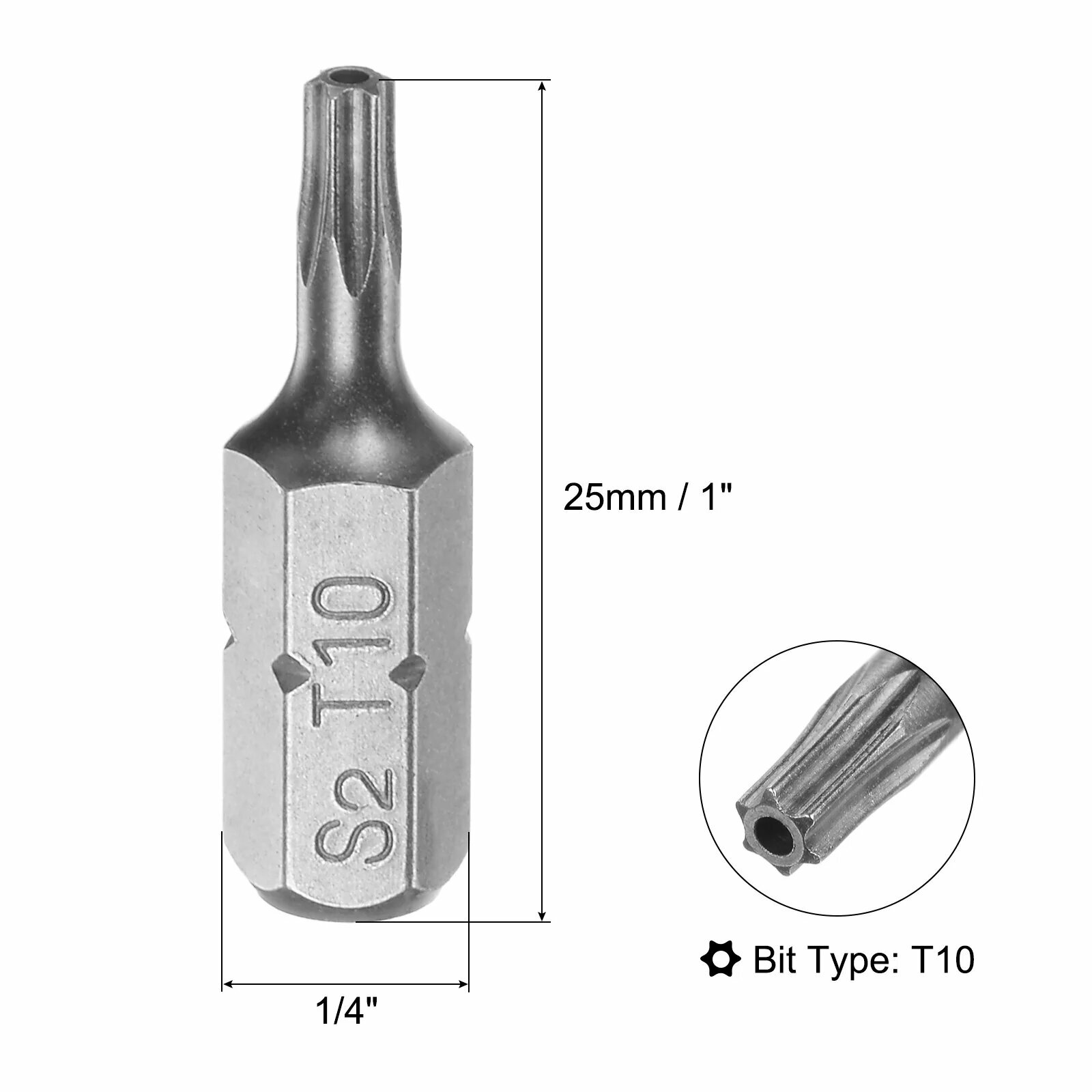 Биты Torx UXCELL T5 T6 T8 T9 T10 T20 T25 T27 T30 T40 стальной сплав 1/4 дюйма T10 1pcs