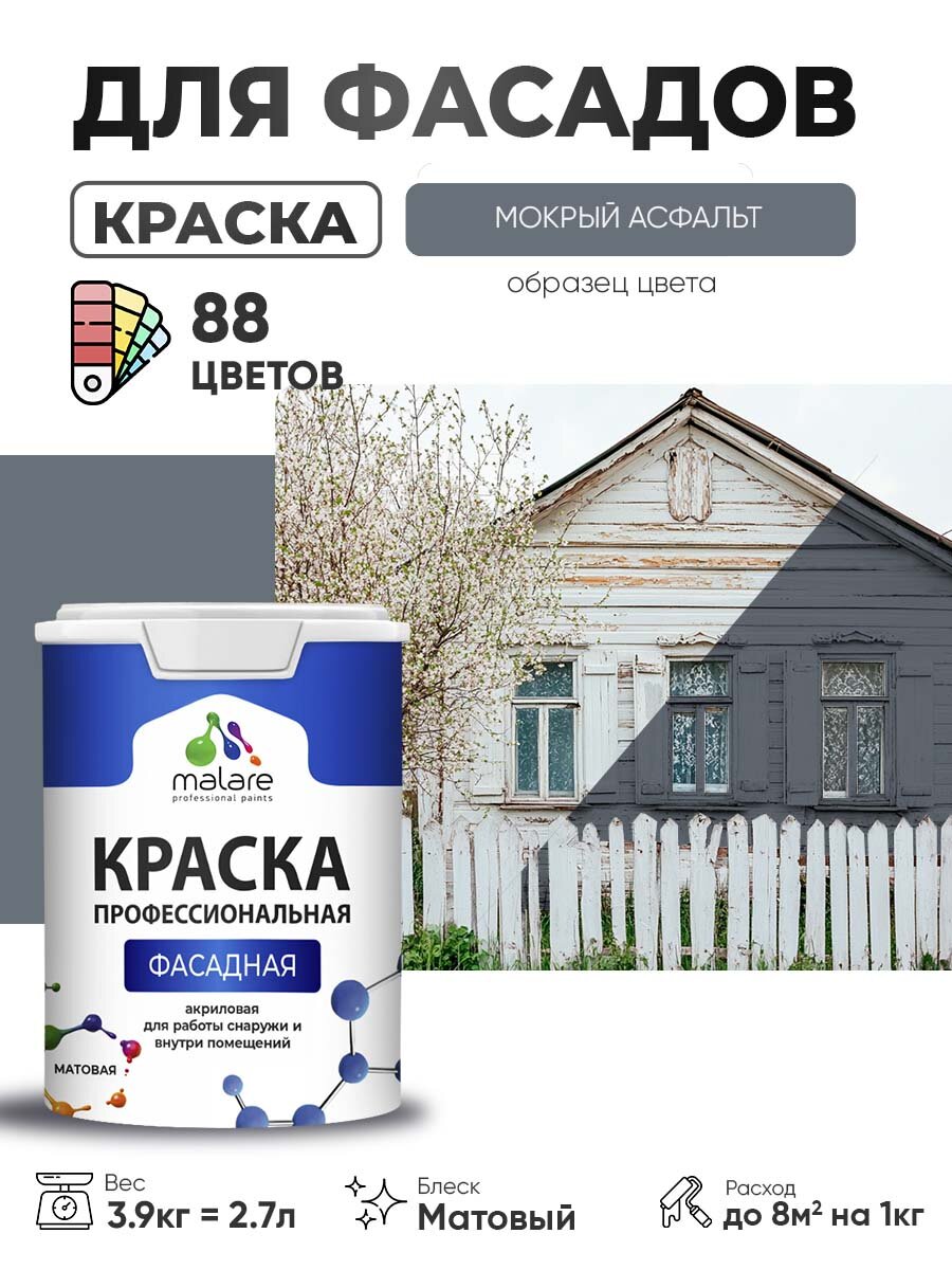 Краска Malare Professional фасадная по дереву, бетону и штукатурке, для камня и кирпича, без запаха, матовая, мокрый асфальт, (2.7л - 3.9кг)
