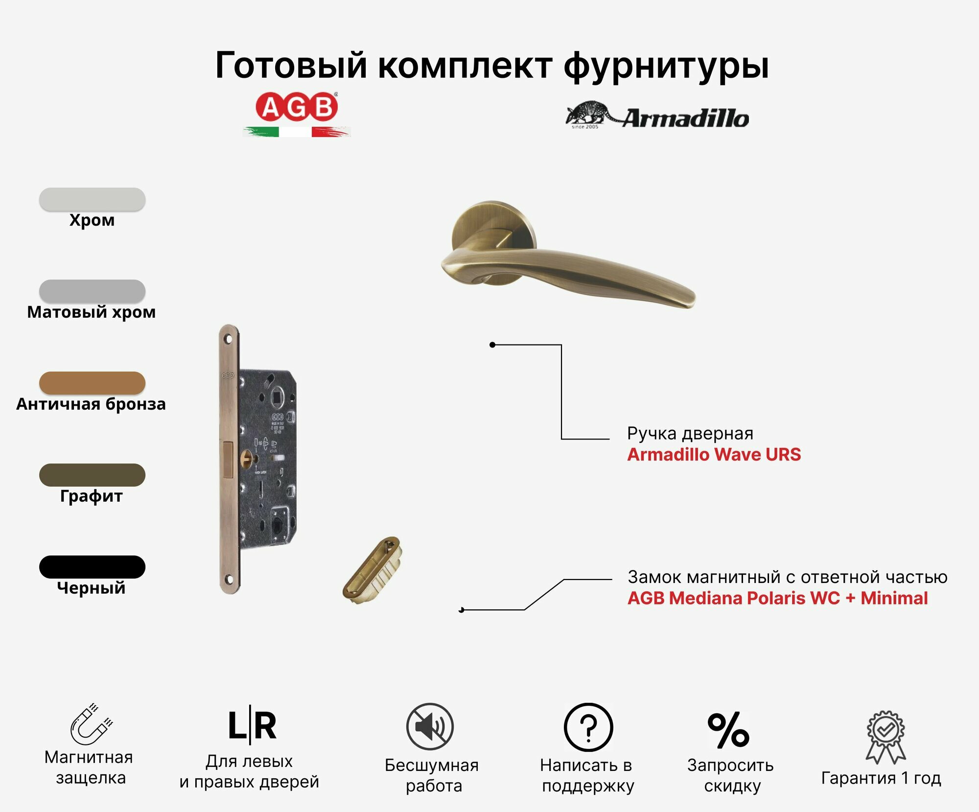 Комплект Ручка дверная Armadillo WAVE URS AB-7 + Замок магнитный бесшумный AGB Mediana POLARIS, Античная Бронза