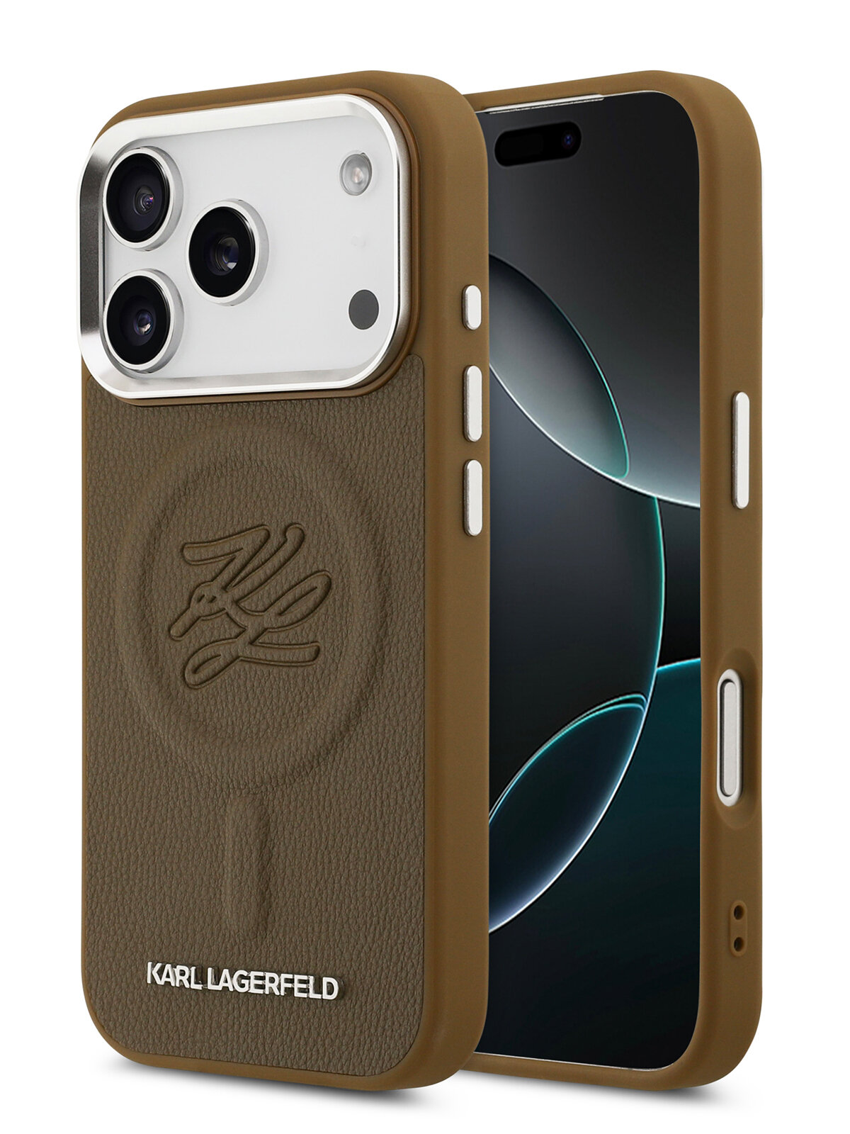 Чехол Karl Lagerfeld на iPhone 17 Pro Max, с магнитами MagSafe, из зернистой экокожи Grained, с тиснением KL, коричневый