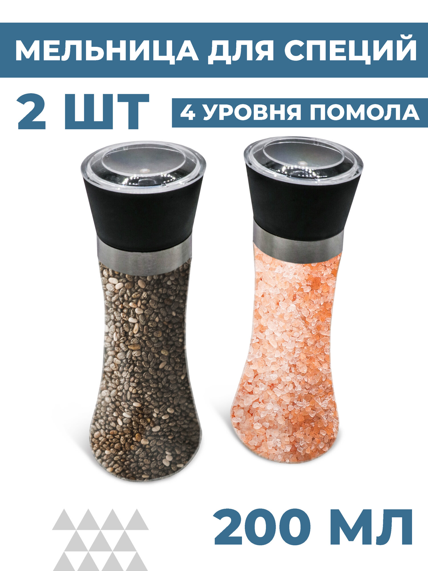 Мельница для специй Boomshakalaka, ручная, материал стекло/пластик, 200 мл, 2 шт.