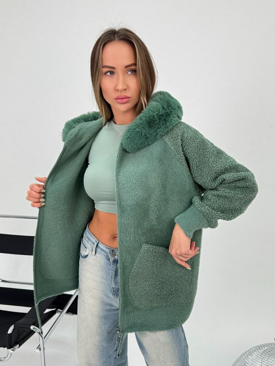 Кардиган  осенняя со съемным мехом 46-52