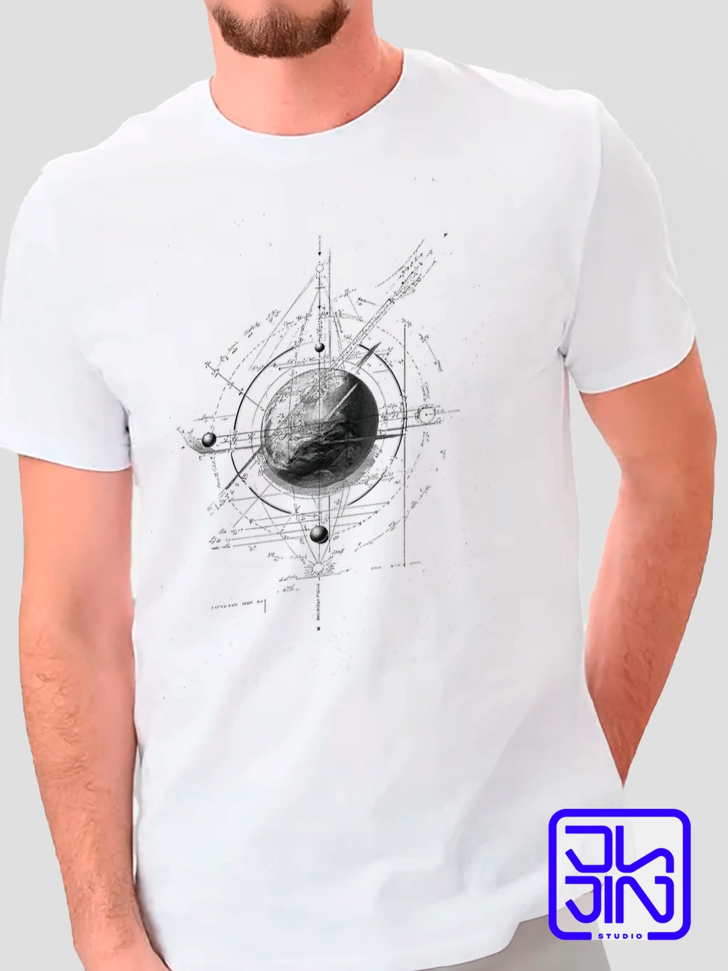 Футболка классическая мужская с авторским принтом Абстрактная черно-белая геометрическая композиция с планетами и космосом, белый хлопковый трикотаж с прикольным рисунком на груди