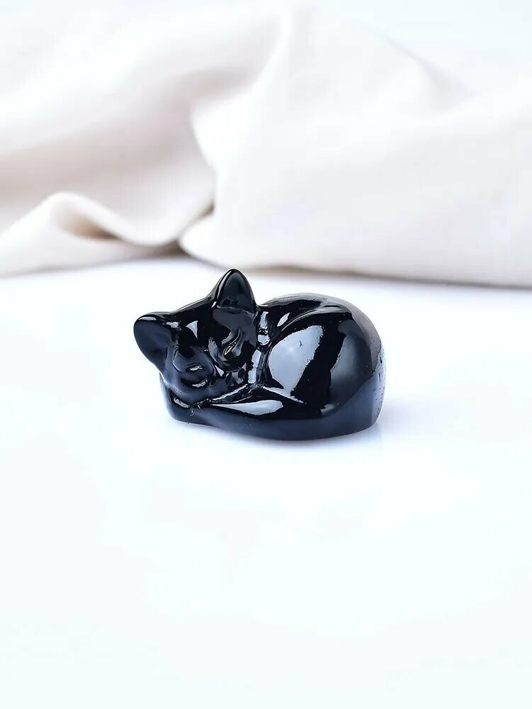 Статуэтка сонного кота из натурального камня "Обсидиан" (1шт)