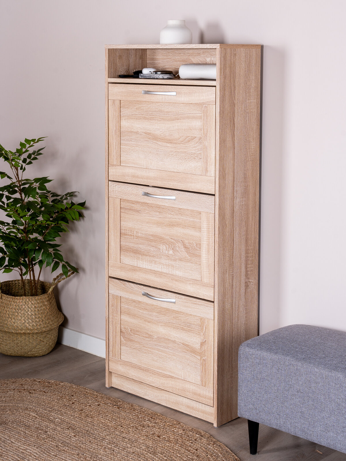 Обувница ГУД лакк Сириус, 60х25х142 см, 3 откидных ящика, ЛДСП, дуб сонома