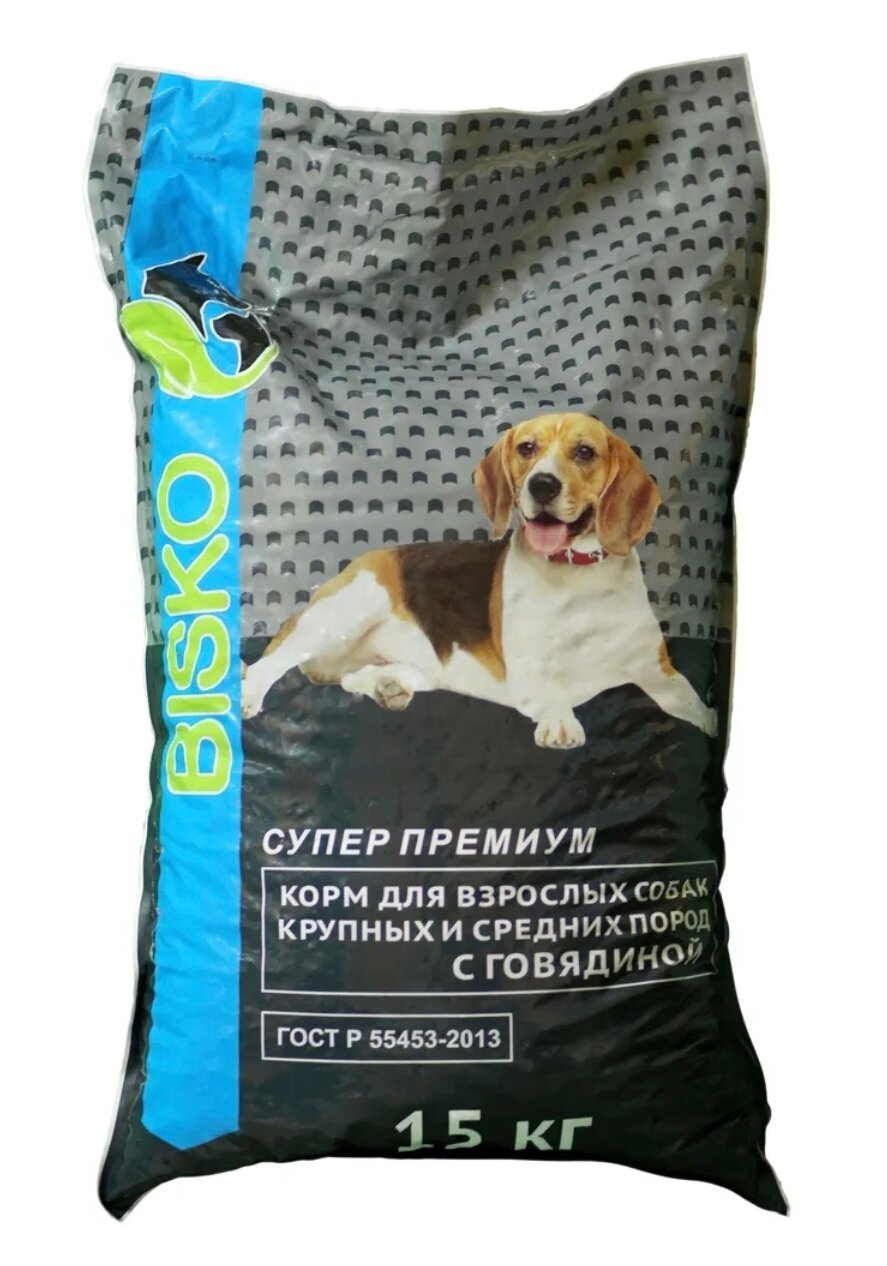 Биско Супер Премиум с говядиной 15 кг. Корм сухой для взрослых собак крупных и средних пород.