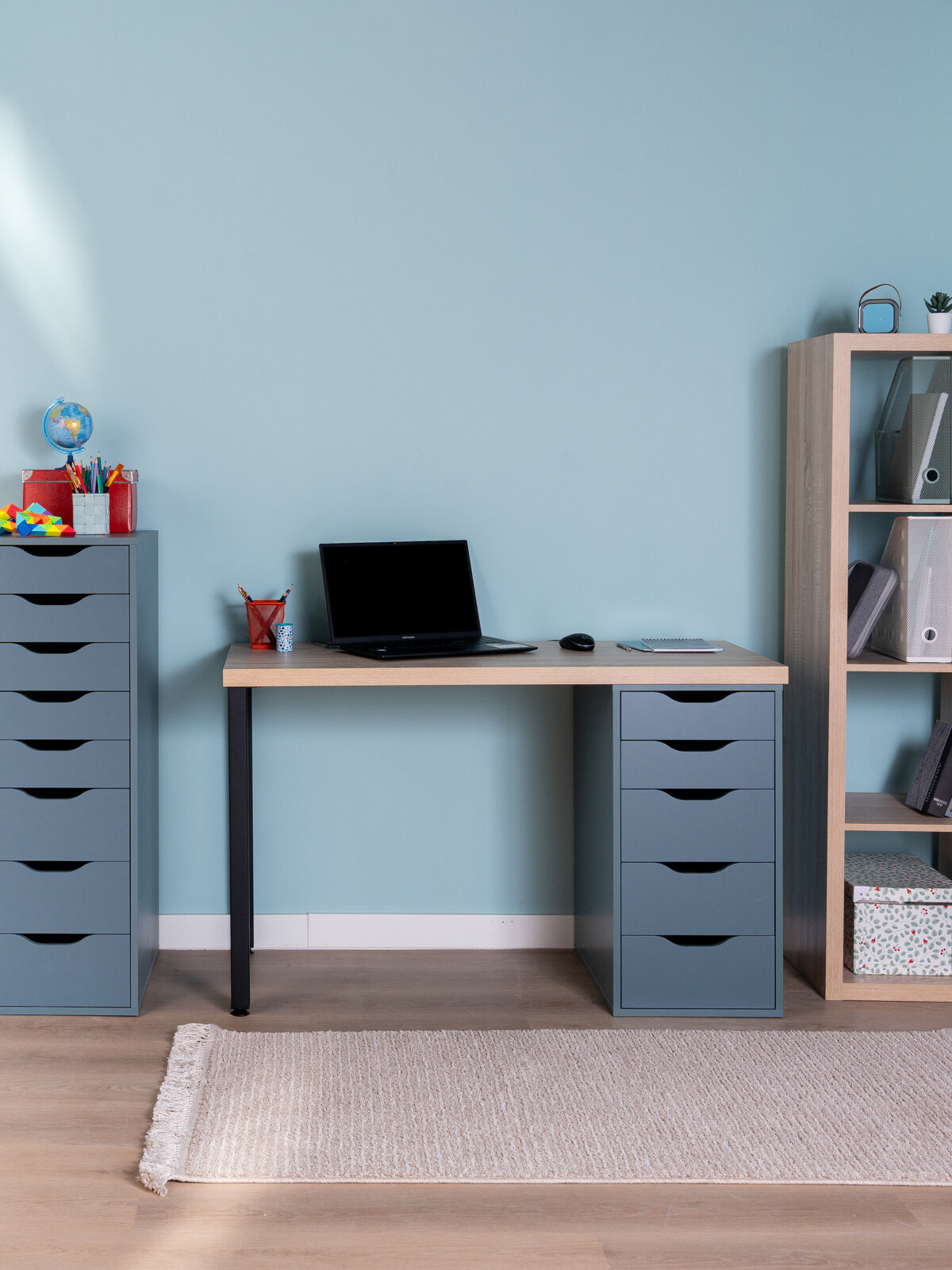 Стол письменный ГУД лакк Ингар, 5 ящиков, 120х75х55 см, серо-бирюзовый/черный, столешница дуб беленый