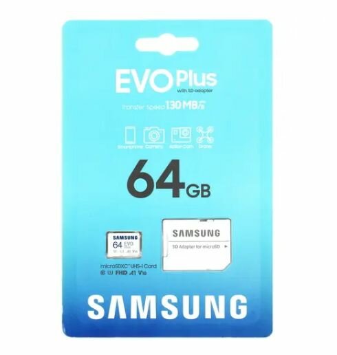Карта памяти Samsung EVO Plus microSDXC 64 ГБ (MB-MC64KA/EU) - Class 10, UHS Class 1, запись - 20 Мбайт/сек, чтение - 100 Мбайт/сек