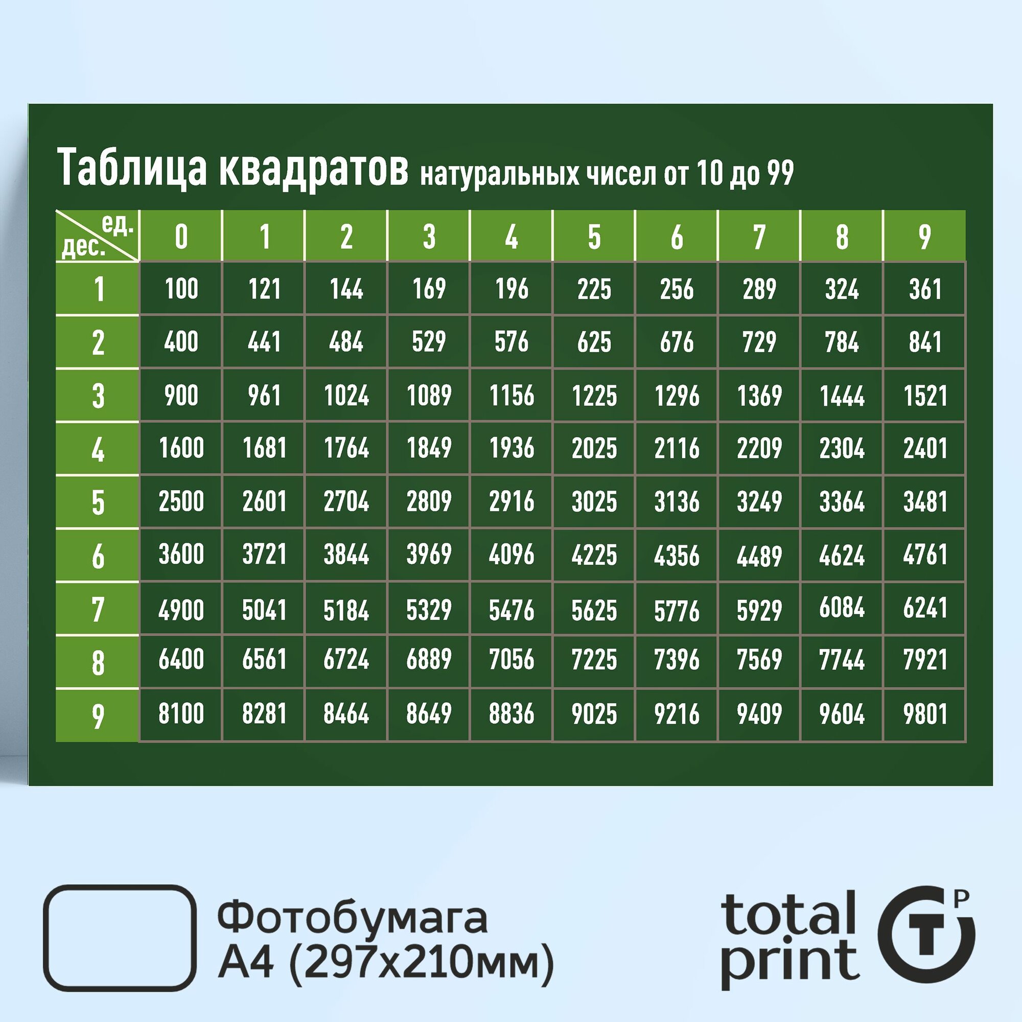 Постер по математике "Таблица квадратов", А4, TotalPrint