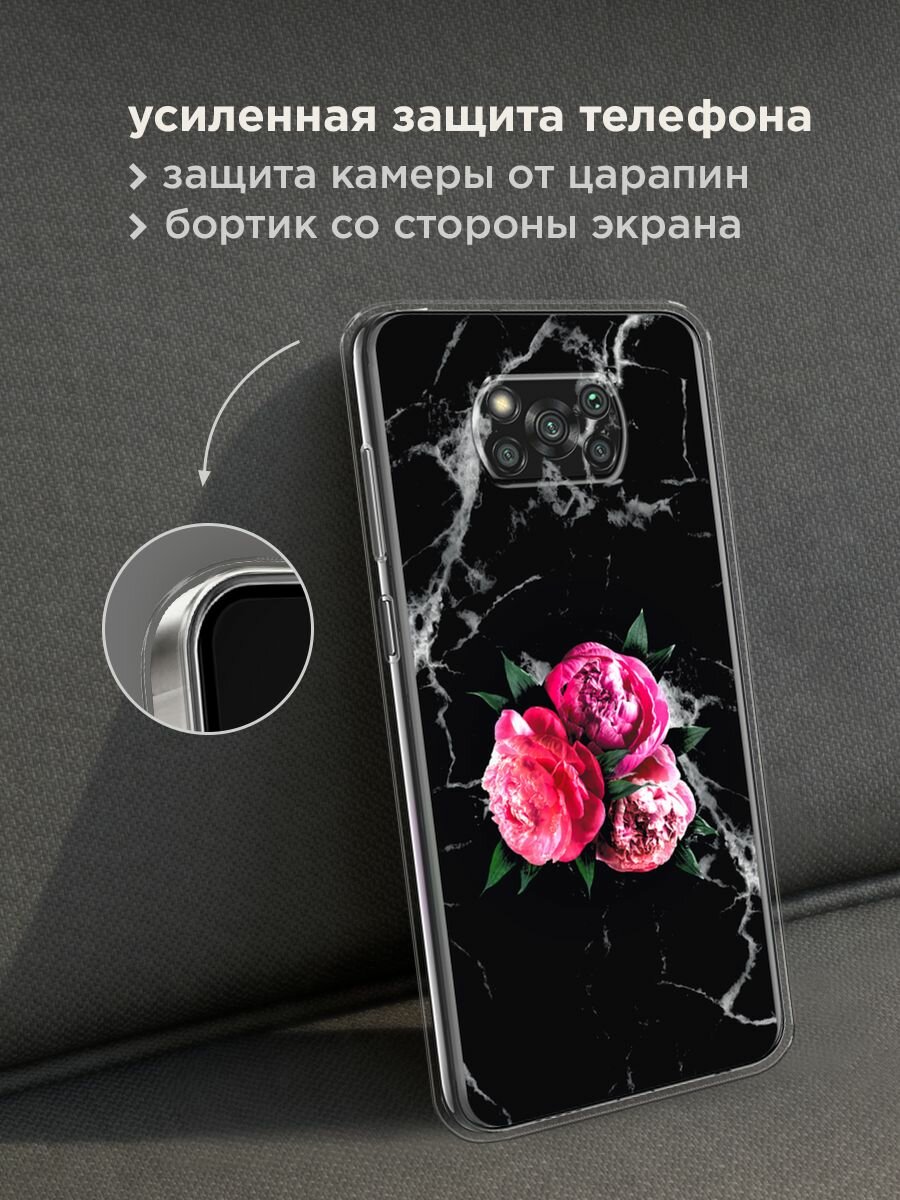 Чехол на Xiaomi Poco X3/X3 Pro / Поко X3/X3 Pro с принтом "Букет на черном мраморе" — фото 1