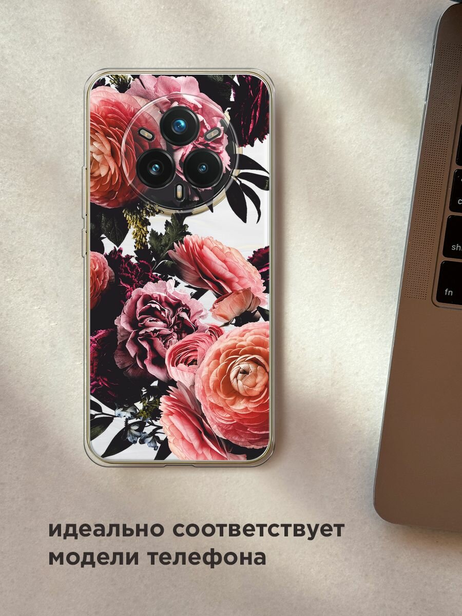Чехол на Realme 14 Pro+ / Реалми 14 Про+ с принтом "Бордовые винтажные цветы", прозрачный — фото 1