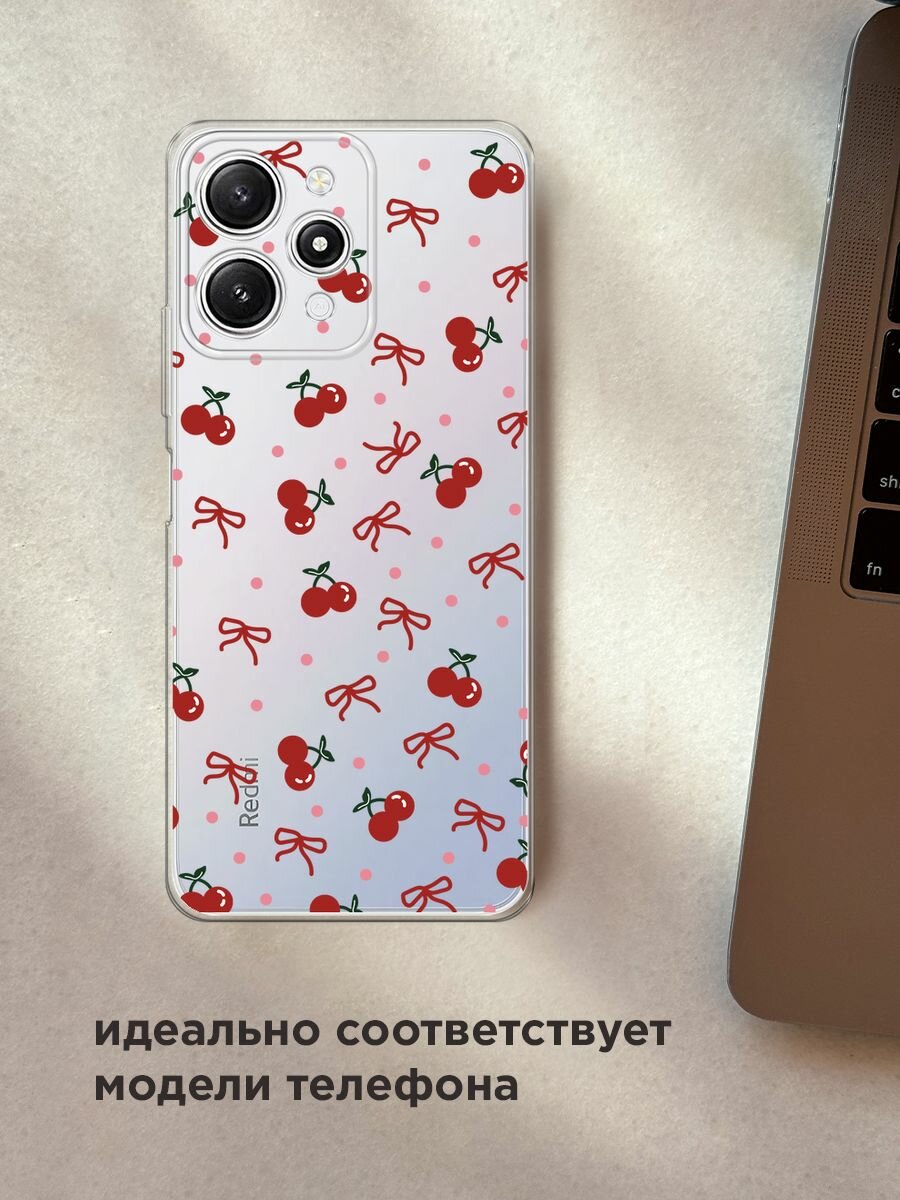 Чехол на Xiaomi Redmi 12 / Сяоми Редми 12 с принтом "Вишни и ленточки", прозрачный — фото 1