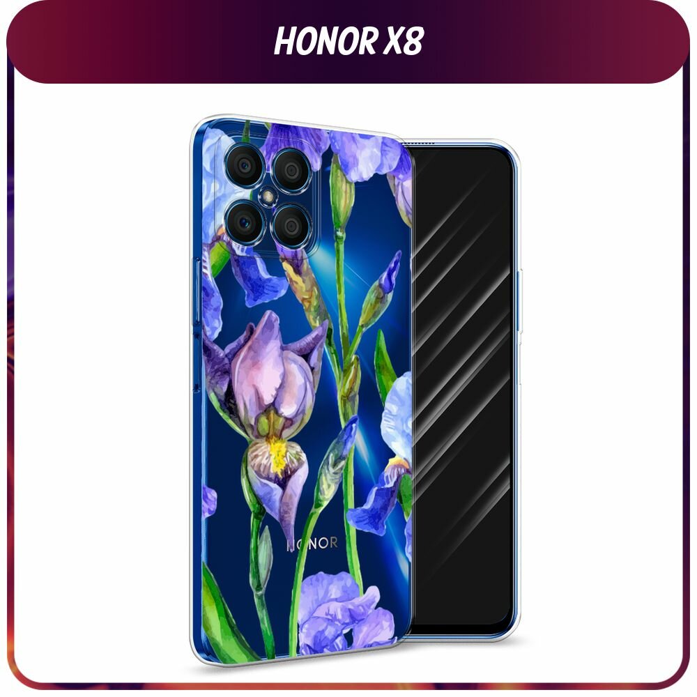 Чехол на Honor X8 / Хуавей X8 с принтом "Синие ирисы", прозрачный