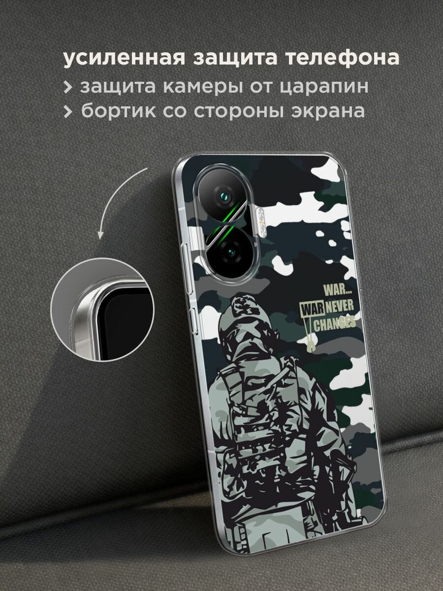 Чехол на Poco F7 / Поко F7 с принтом "Камуфляж и солдат", прозрачный — фото 1