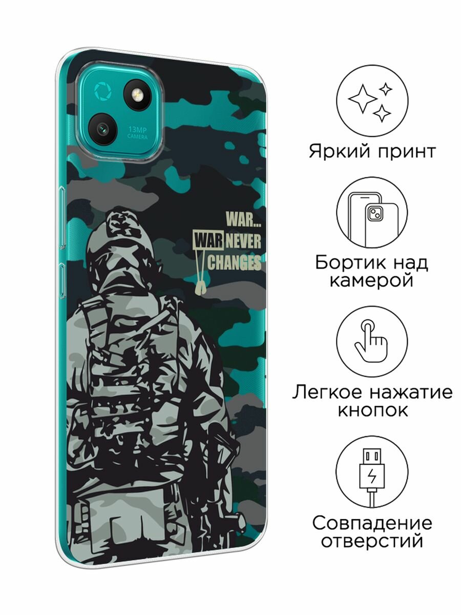 Чехол на Wiko T10 / Вико Т10 с принтом "Камуфляж и солдат", прозрачный — фото 1
