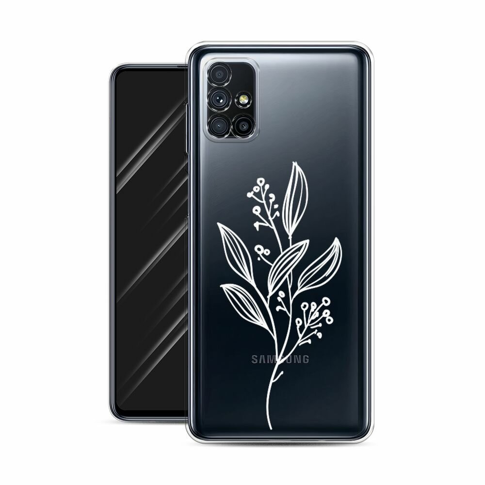 Чехол на Samsung Galaxy M31s / Самсунг Галакси M31s с принтом "Ветка с листочками и цветами", прозрачный — фото 1