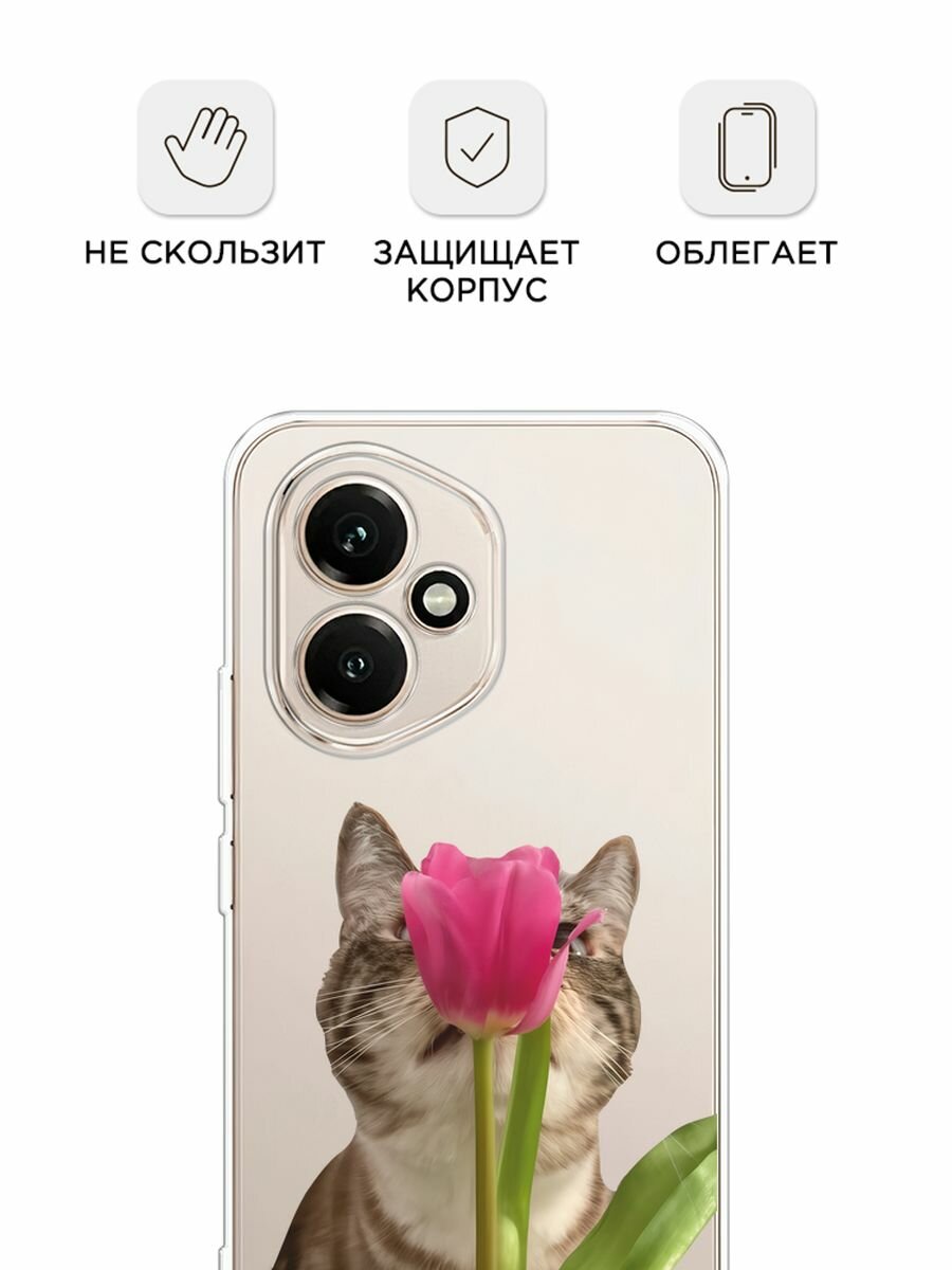 Чехол на Honor 400 / Хонор 400 с принтом "Кот с тюльпаном - 8 марта", прозрачный — фото 1