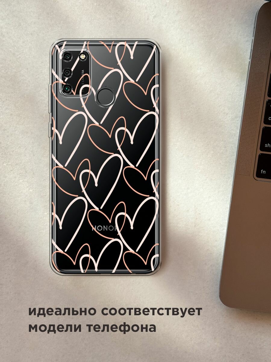 Чехол на Honor 9A / Хонор 9А с принтом "Узор из сердечек", прозрачный — фото 1