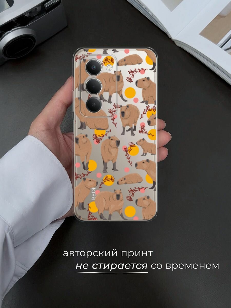 Чехол на Xiaomi Redmi 15 / Сяоми Редми 15 с принтом "Капибара паттерн", прозрачный — фото 1