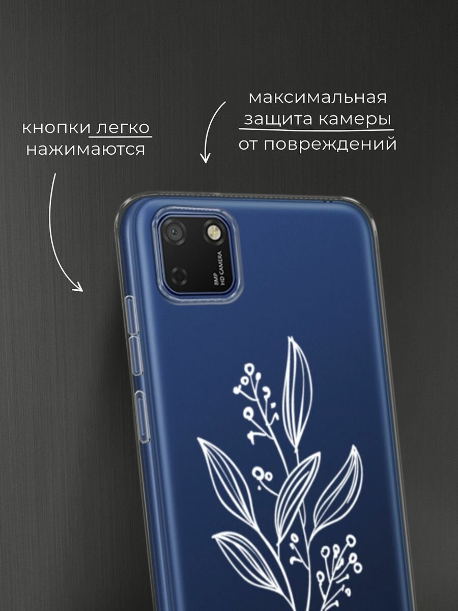 Чехол на Honor 9S/Huawei Y5p / Хонор 9S/Хуавей Y5p с принтом "Ветка с листочками и цветами", прозрачный — фото 1