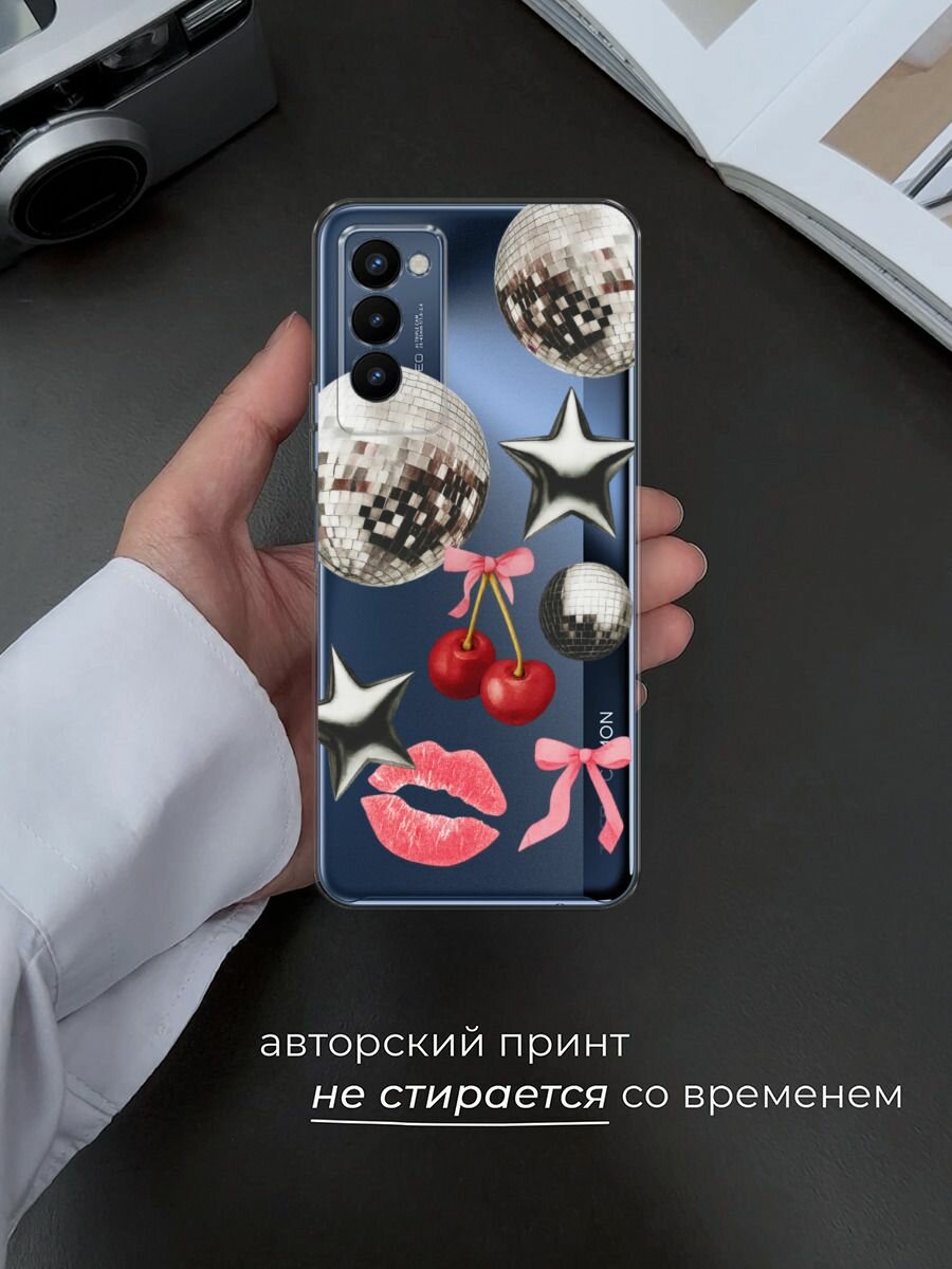 Чехол на Tecno Camon 18P / Техно Камон 18Р с принтом "Стильная подборка", прозрачный — фото 1