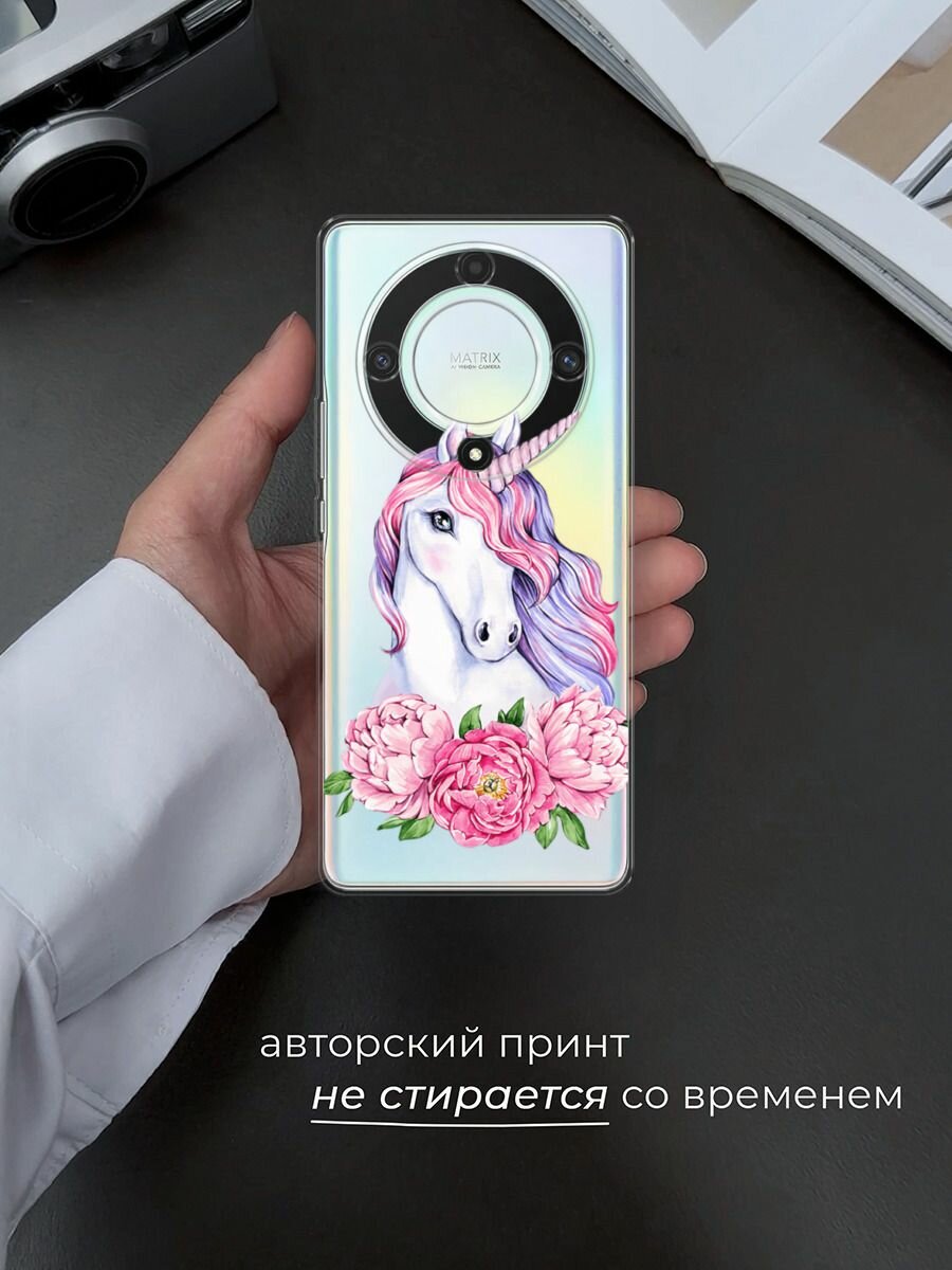 Чехол на Honor X9A / Хонор X9A с принтом "Единорог с пионами", прозрачный — фото 1