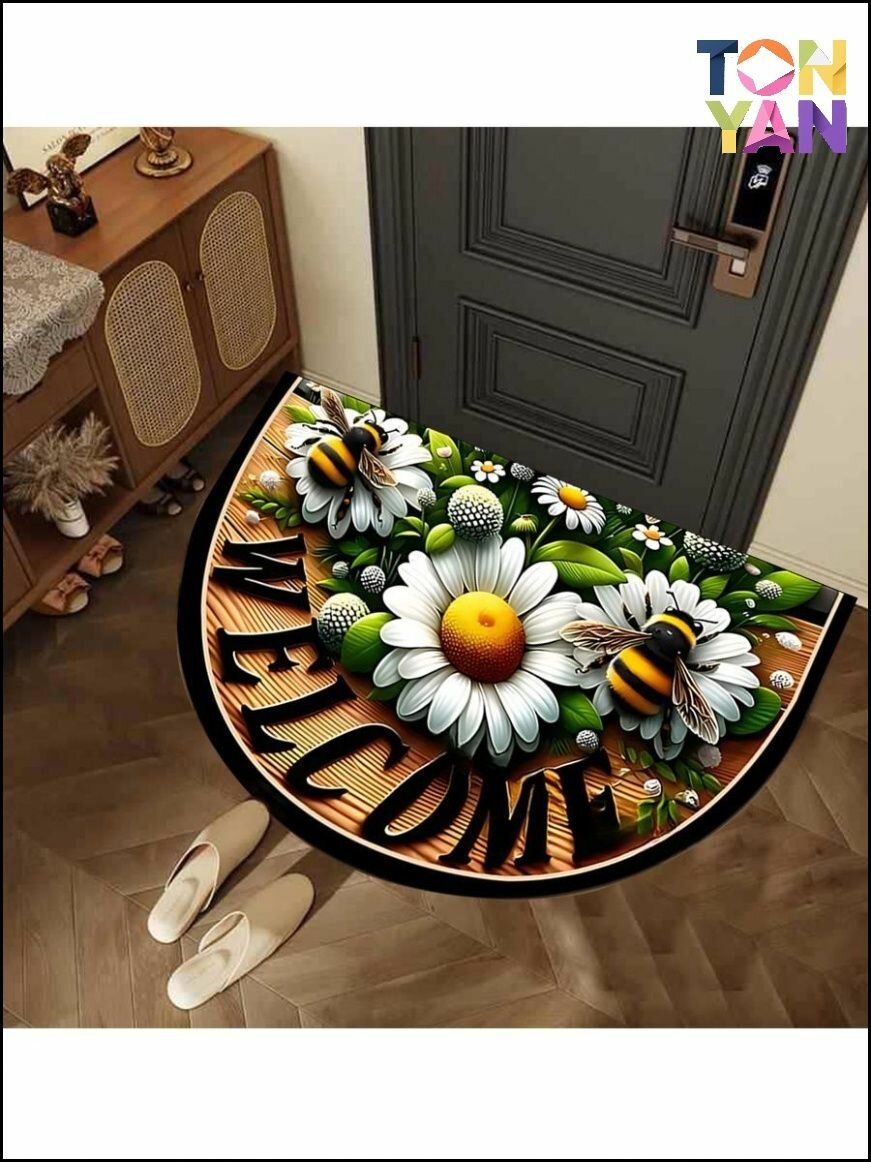 Полукруглый нескользящий придверный коврик 60х90 см с принтом цветов бестселлер