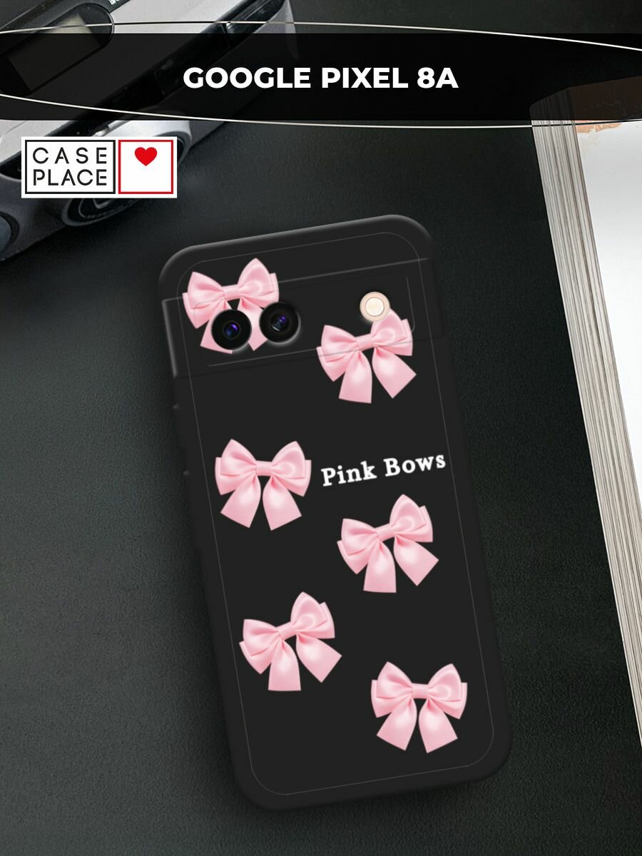 Черный матовый чехол на Google Pixel 8A / Гугл Пиксель 8А с принтом "Pink Bows 2"
