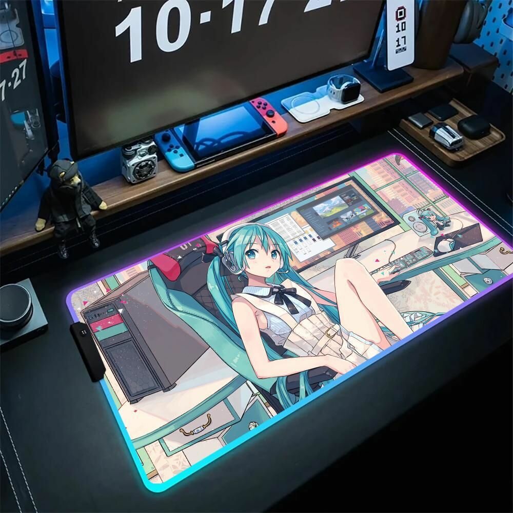 RGB LED Miku Мультяшный милый коврик для мыши с клавиатурой Хацунэ Мику, фиксирующий край нескользящего HD ковра для рабочего стола, размер 40x90xxl