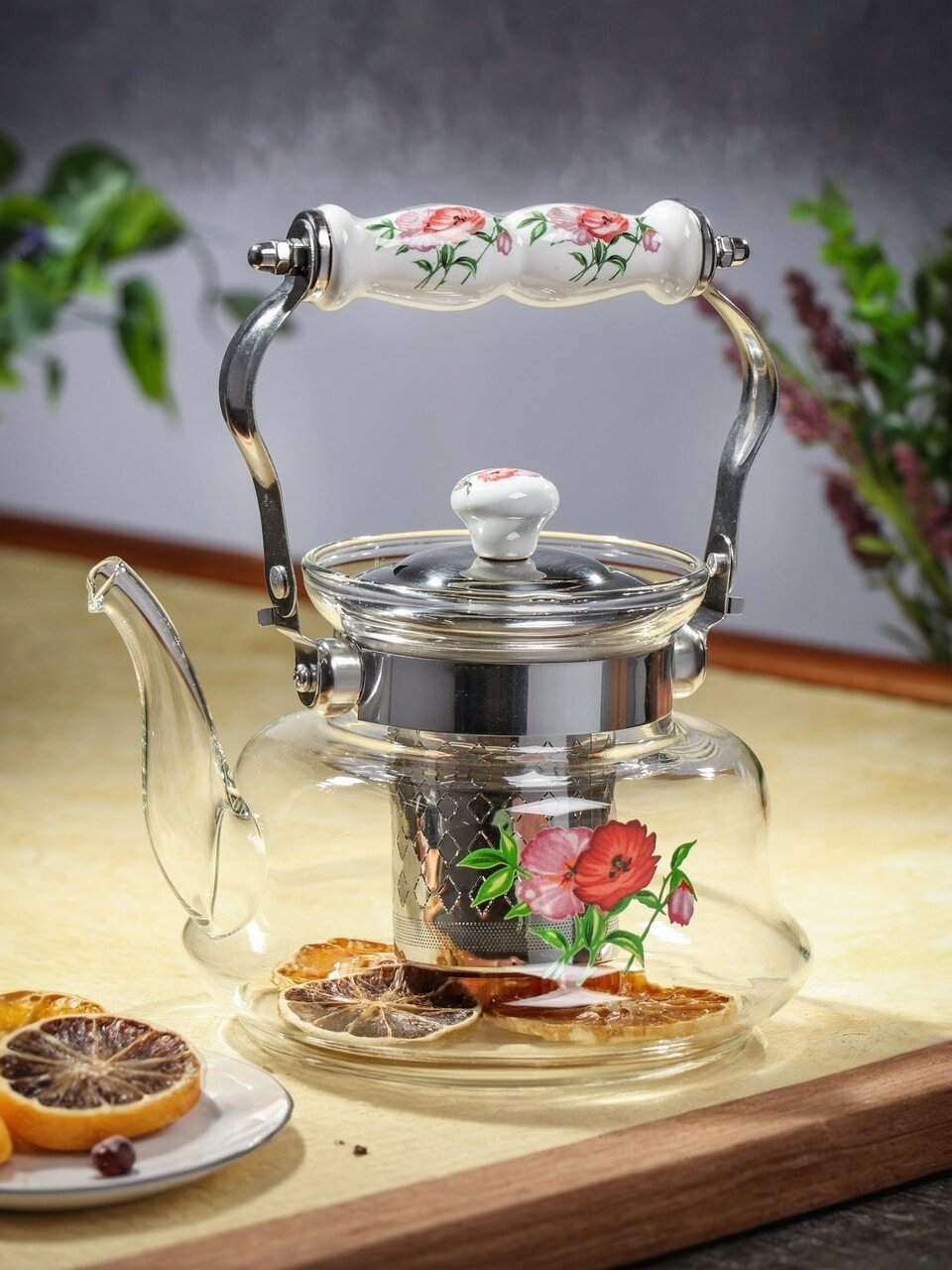 Чайник заварочный стекло, 1 л, с ситечком, Маки, Y4-6450