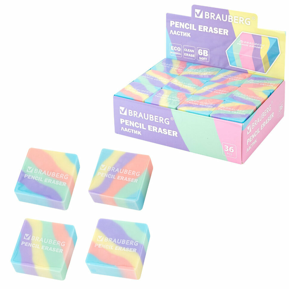 Ластик "PASTEL", 34х34х14 мм, квадратный, ассорти, ЭКО ПВХ, BRAUBERG, 273210, 36 штук, 273210