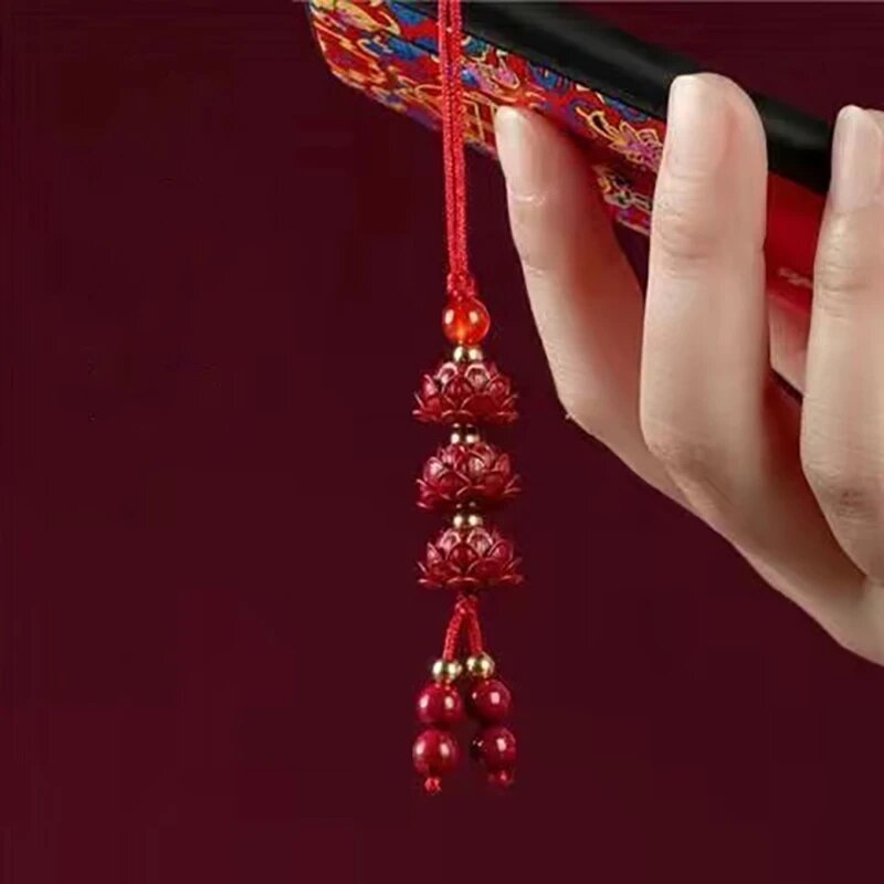 1 шт, натуральный киноварь, лотос, автомобильный брелок в китайском стиле, счастливая цепочка для телефона, сумка, подвеска, 01