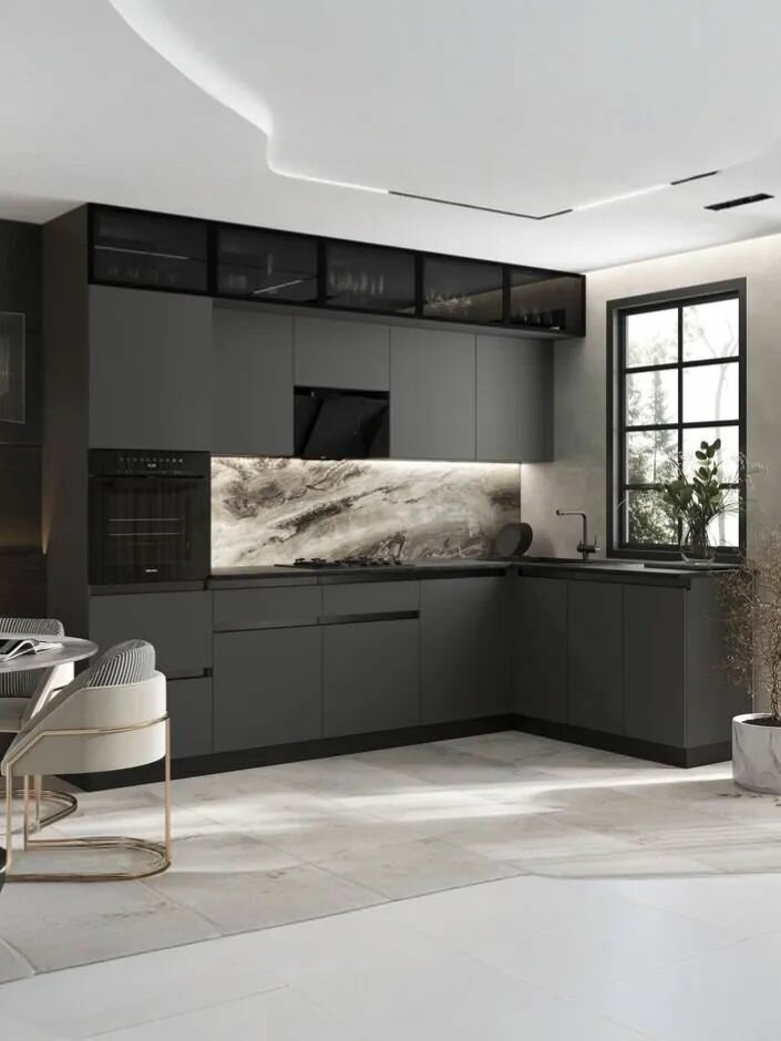 Кухонный гарнитур угловой Техно-6 (Графит/Графит софт NEW)ст. Каст. тем.