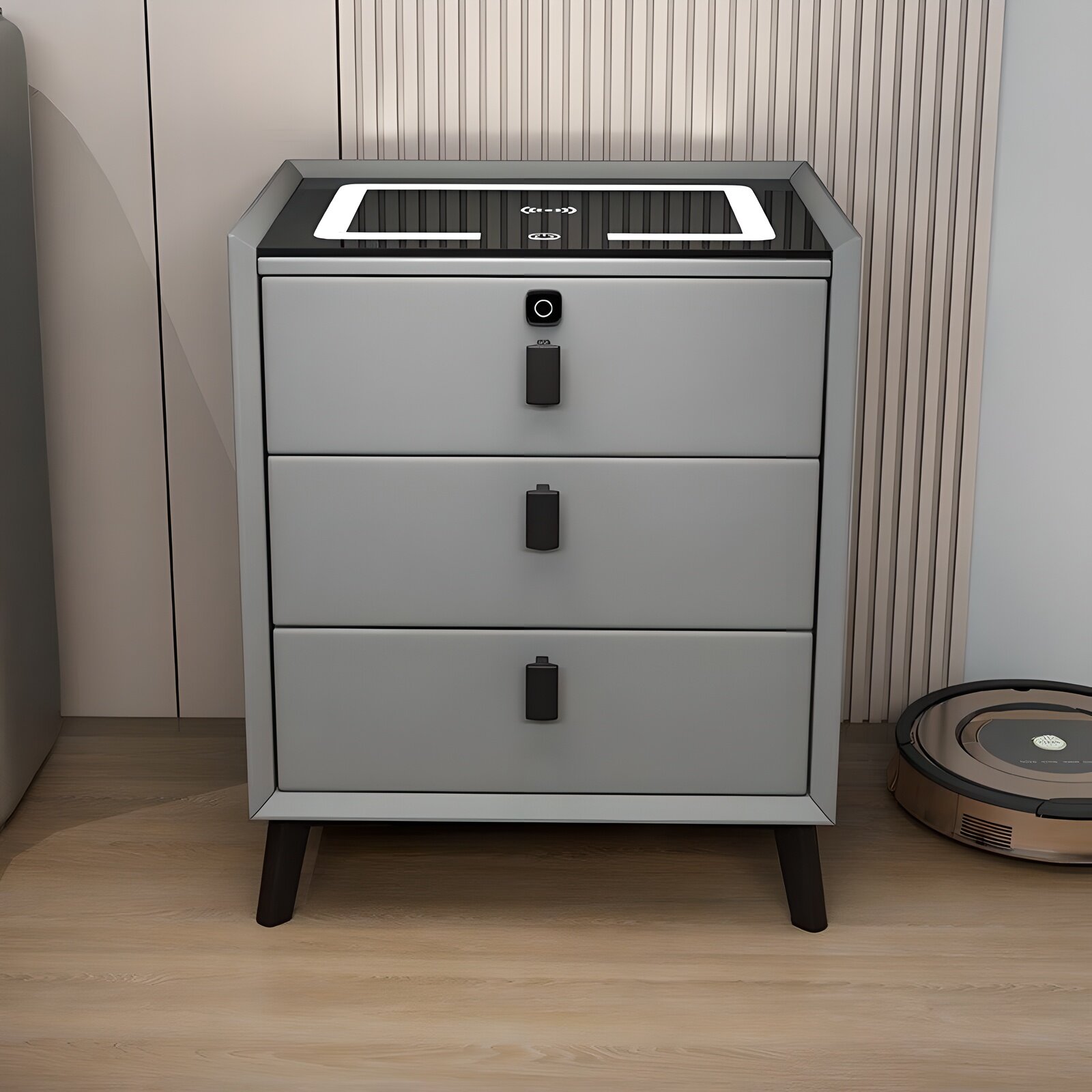 Умная тумбочка, с замком по отпечаткам пальцев, 3 ящика, напольная, сосна, темно-серая