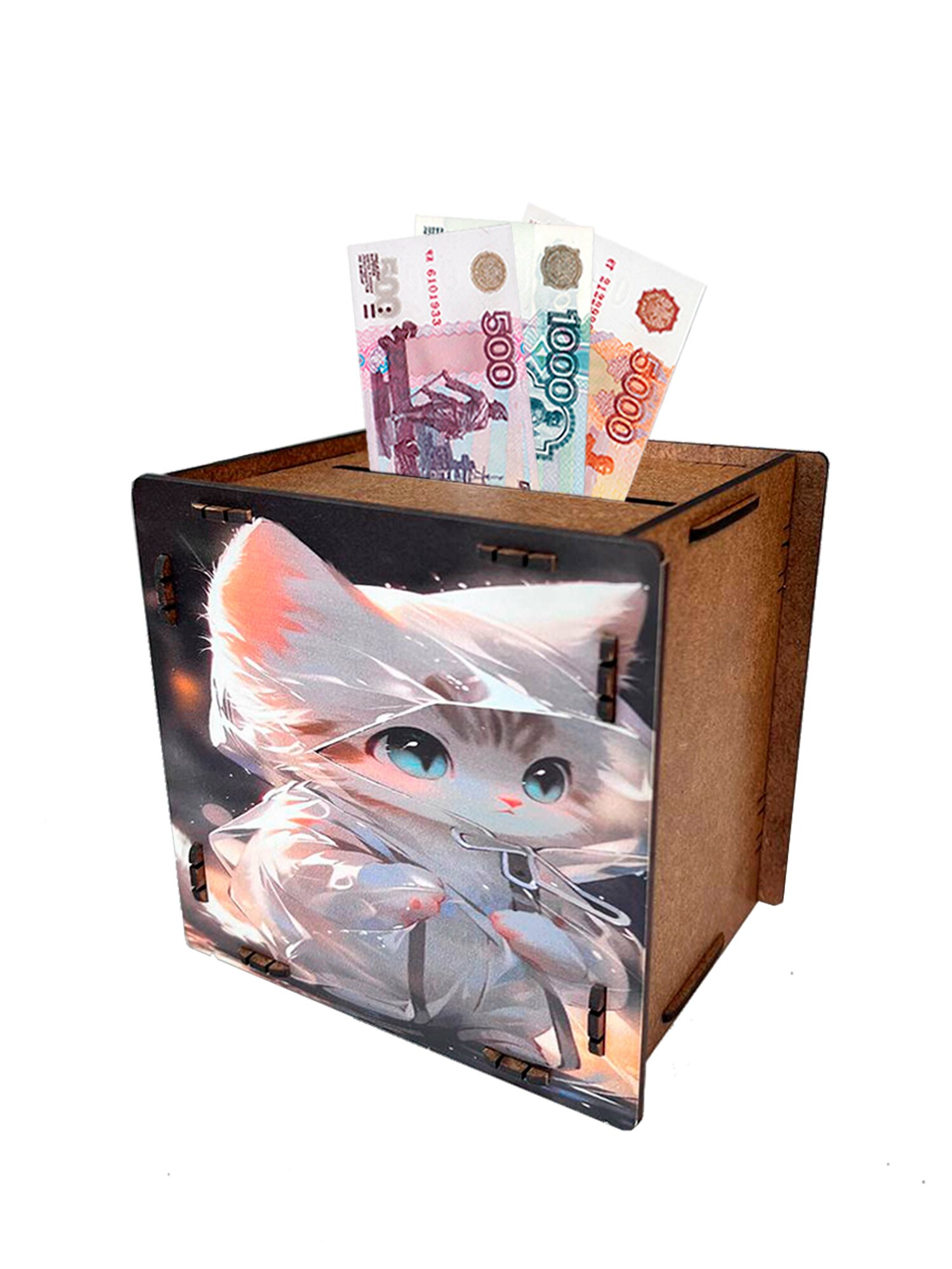 Копилка "Белый котик", дерево, двусторонняя, для денег, разноцветная, 14x15 см