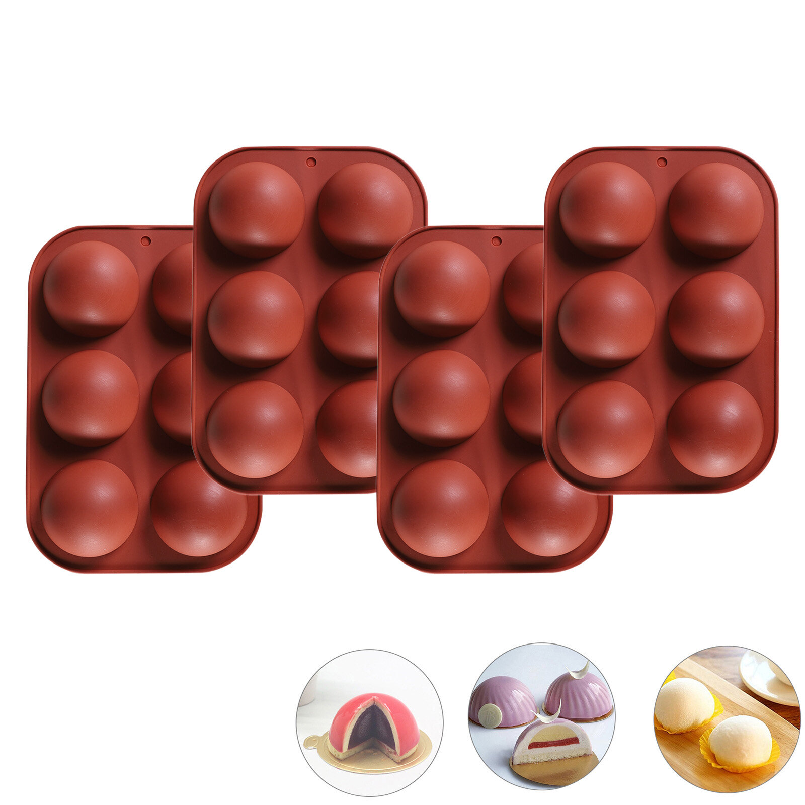 4PCS Форма для выпечки силиконовая полуша сферическая 6 отверстий круглая форма не прилипающая для шоколадного торта желе купола мусса пуддинга размер 19.5*13.2см диаметр полуша сферы 5.2см цвет коричневый температура -40℃~230℃