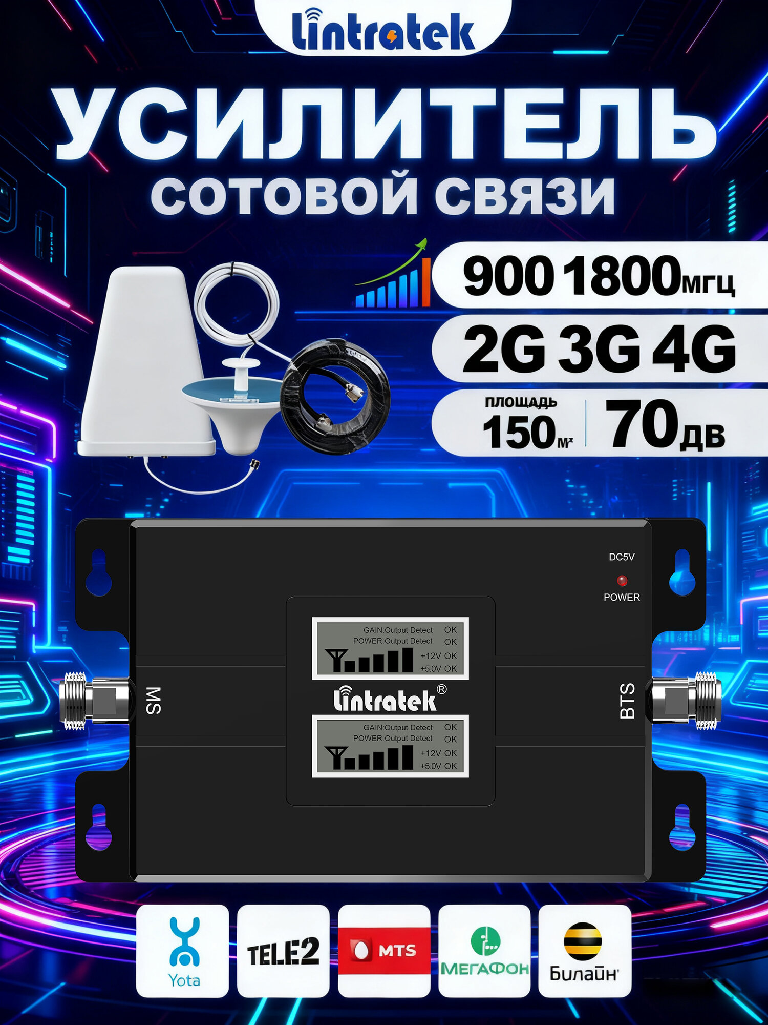 Усилитель связи сотовой и интернета, 2G 3G 4G. Репитер LTE,900 1800 МГц, Полный комплект с репитером и 2 антеннами