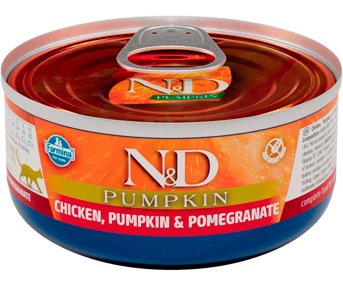 Корм влажный Farmina Cat N&D Chicken, Pumpkin & Pomegranate беззерновые для взрослых кошек, курица, тыква и гранат, 70 г х 12 шт