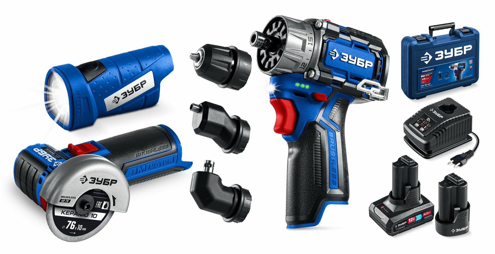 Набор ЗУБР DB-125-42ABF, дрель-шуруповерт, угловая шлифовальная машина, LED фонарь