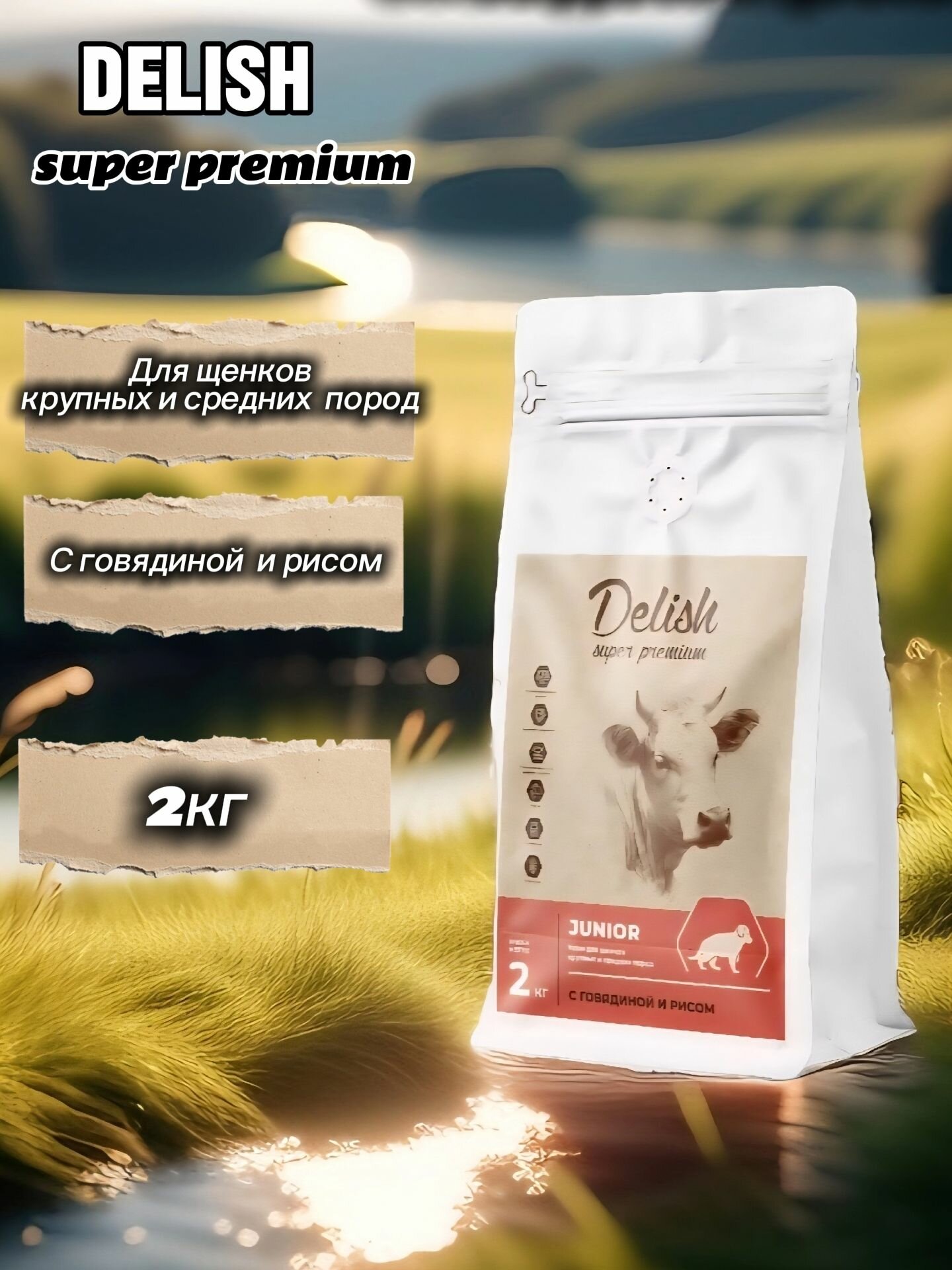 Delish Junior super premium Сухой корм для щенков крупных и средних пород с говядиной и рисом 2кг