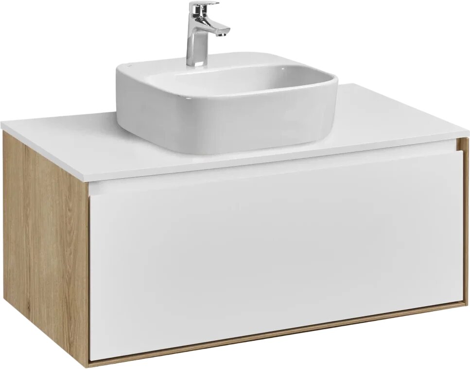 Тумба с раковиной AQUATON Либерти 90 подвесная, 89 см, накладная, белая, светлое дерево, глянцевая, из ЛДСП, с ящиками, раковина для ванной фарфоровая