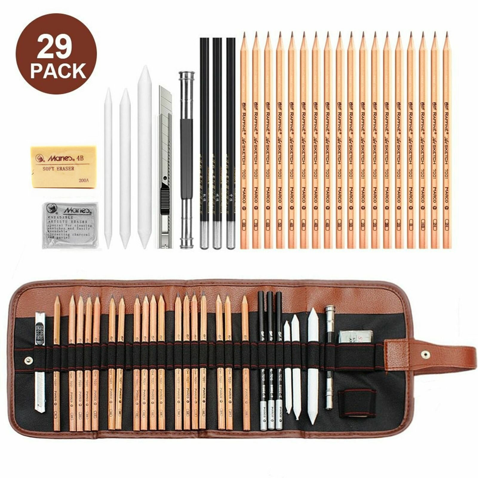Набор из 29 карандашей для рисования, набор инструментов художника, включающий карандаши, ручки, ластики, точилки, линейки и принадлежности для рисования.