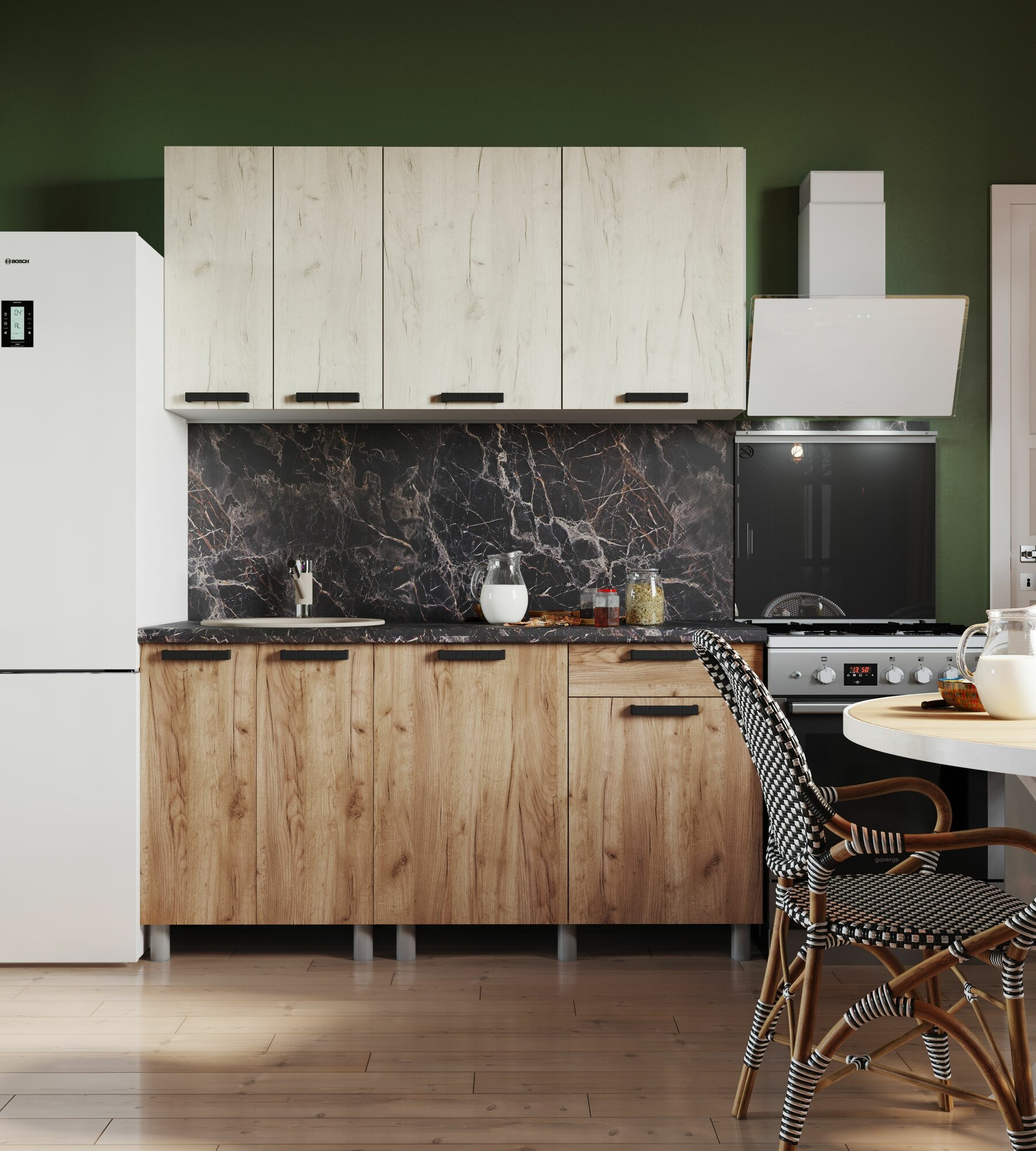 Кухонный гарнитур Диор (Корпус: 1,6 м белый + Фасад: "Диор" 1,6 м Дуб Крафт Белый/Дуб Крафт Табачный) (Микон)