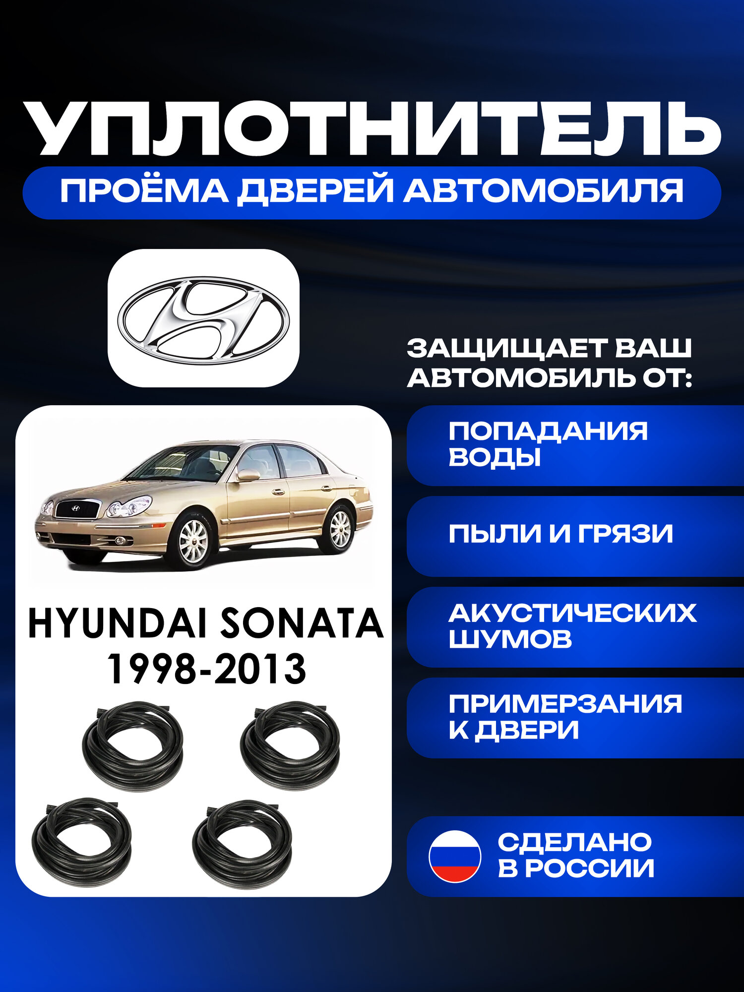 Уплотнитель (резинка) проёма передней и задней двери (4 ШТ.) Hyundai Sonata IV (1998-2013) / Хендай Соната 4 поколение