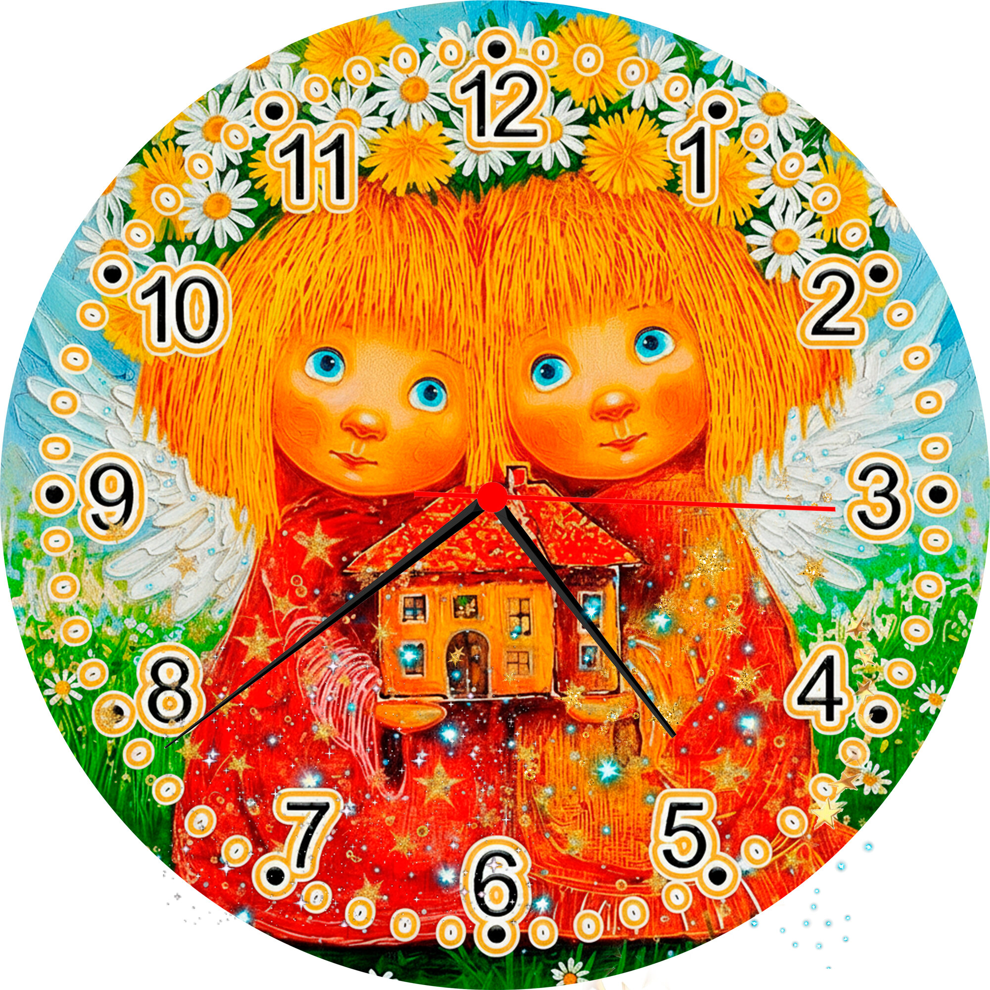 Оберег дома Часы настенные и настольные с подставкой в комплекте D 27 см, из прессованной древесины 5 мм МДФ, Солнечные ангелы хранители оберегают дом, семью и любовь, Ручная, авторская работа