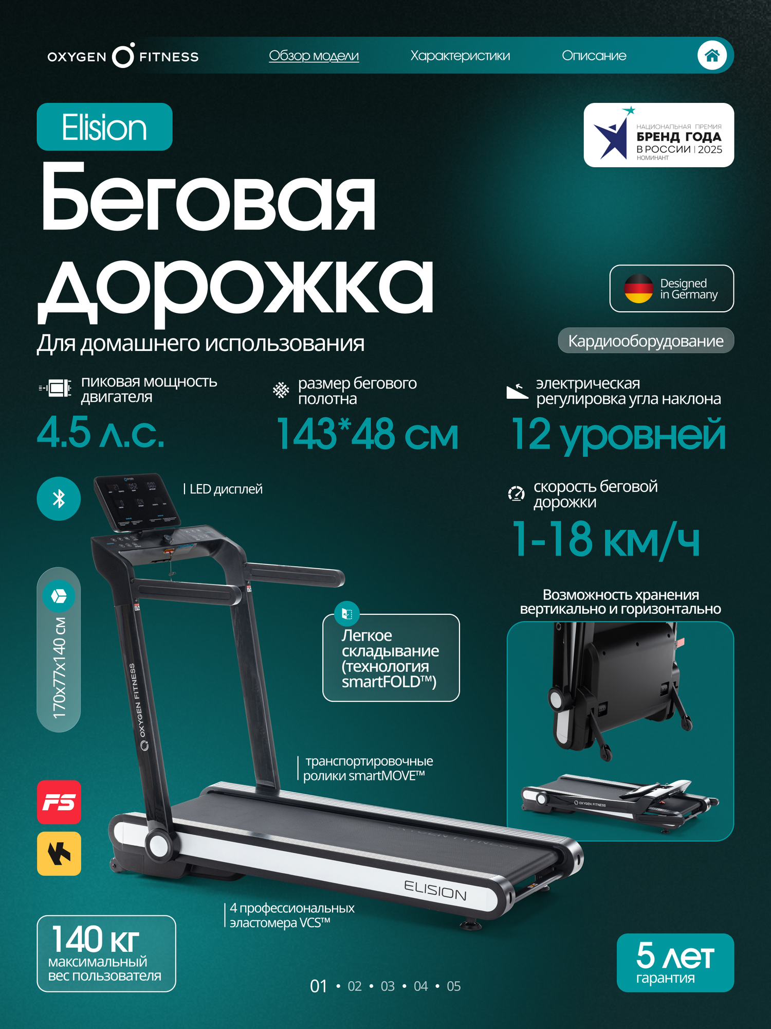 Беговая дорожка электрическая складная для дома OXYGEN FITNESS ELISION