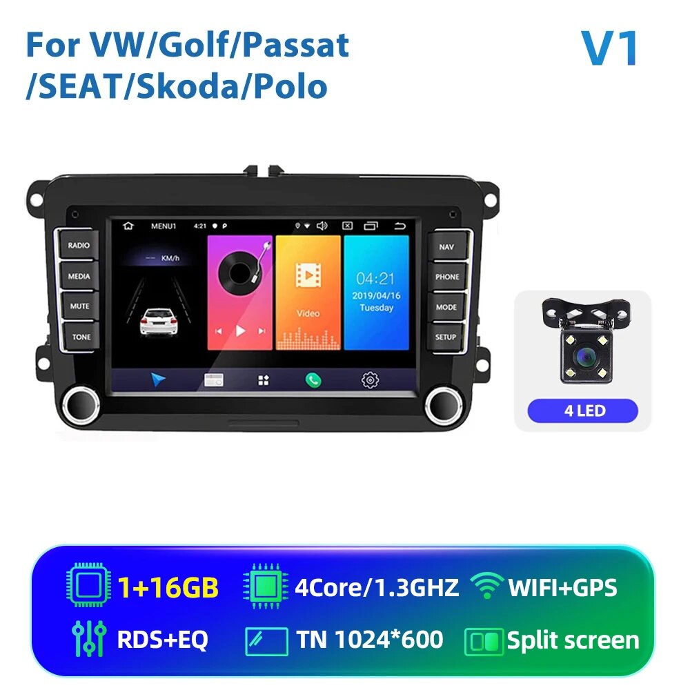 Podofo 2 Din Android 11, радио, автомобильный мультимедийный плеер Carplay для VW/Volkswagen/Golf/Polo/Tiguan/Passat/b6/SEAT/leon/Skoda/Octavia 1G 16G Cam